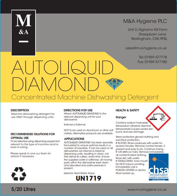 AUTOLIQUID DIAMOND DISHWASH DETERGENT (UN1719) | Mustang Hygiene